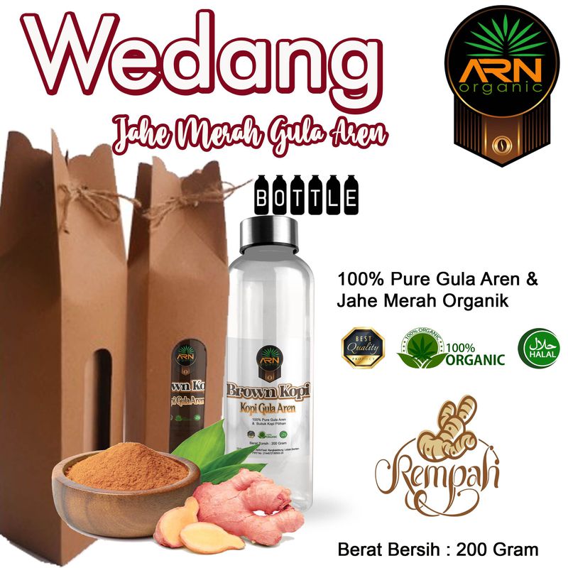 Jahe Merah Gula Aren Organik 200 Gram Kemasan Botol + Box (Natural)