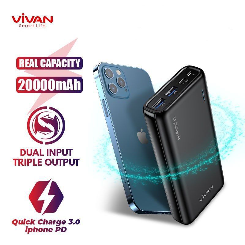 Powerbank 20000Mah Original VIVAN VPB-A20 Dual Input 3 Output 22.5W