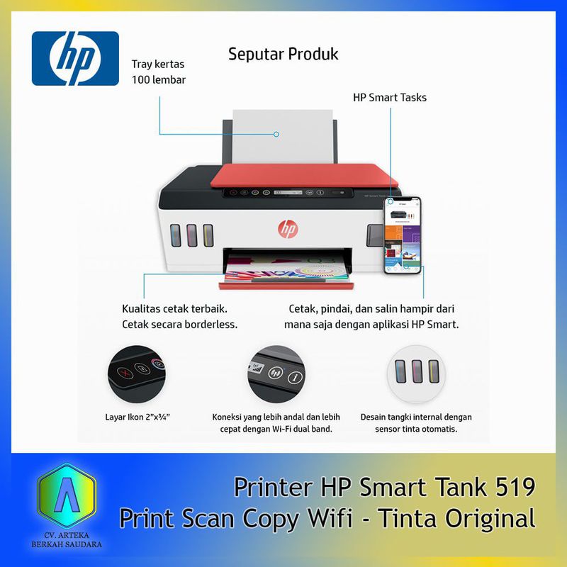 Printer HP Smart Tank 519 Print Scan Copy Wifi - Tinta Original