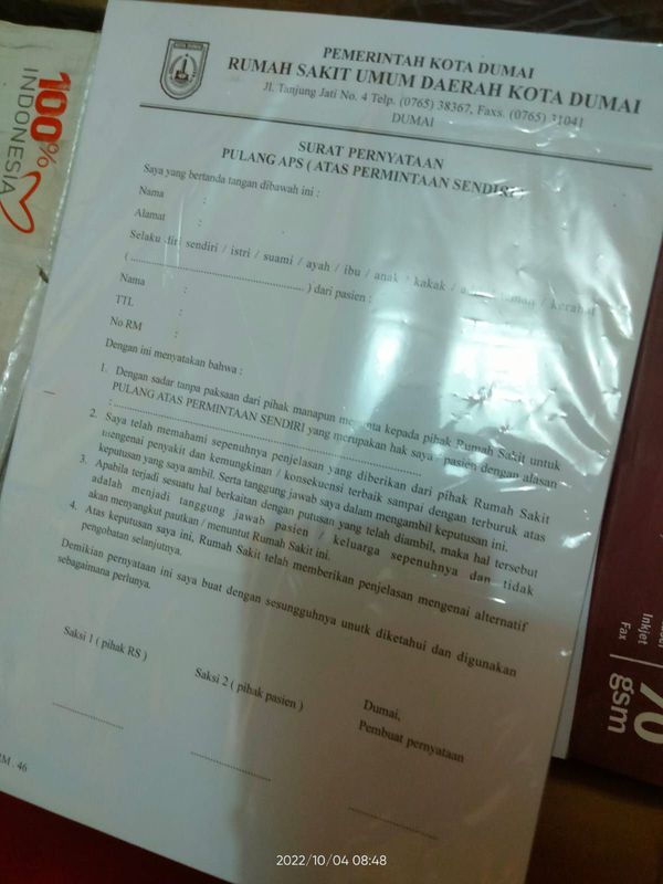 CETAKAN BLANGKO SURAT PERNYATAAN PULANG APS ( ATAS PERMINTAAN SENDIRI )