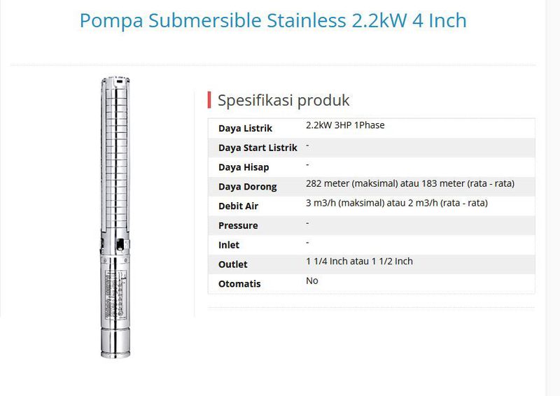 Pompa Submersible Stainless 2.2KW 4 inch + material + terpasang