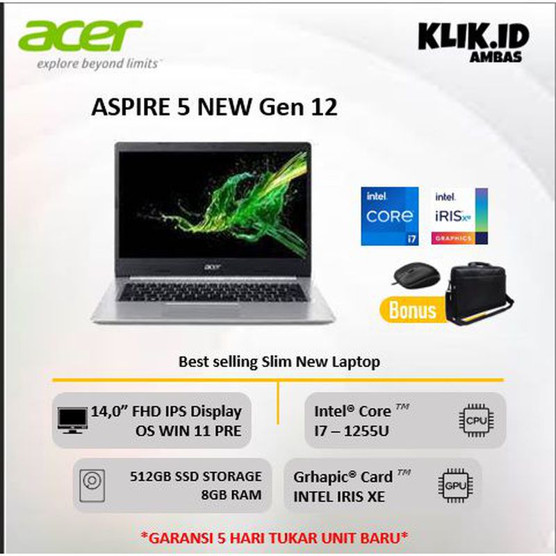 Laptop ACER ASPIRE 5 A514 12th Gen i7-1255u 16GB 512SSD W11 14.0FHD IPS