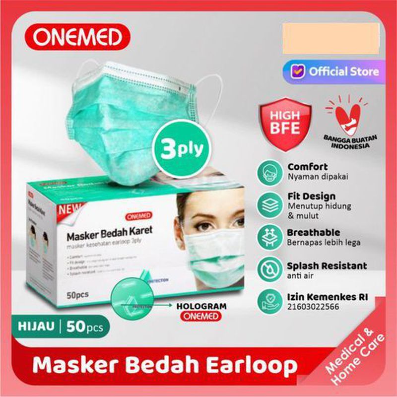 Masker Bedah Karet 3 Play Earlop Medis OneMed Box 50 Pcs