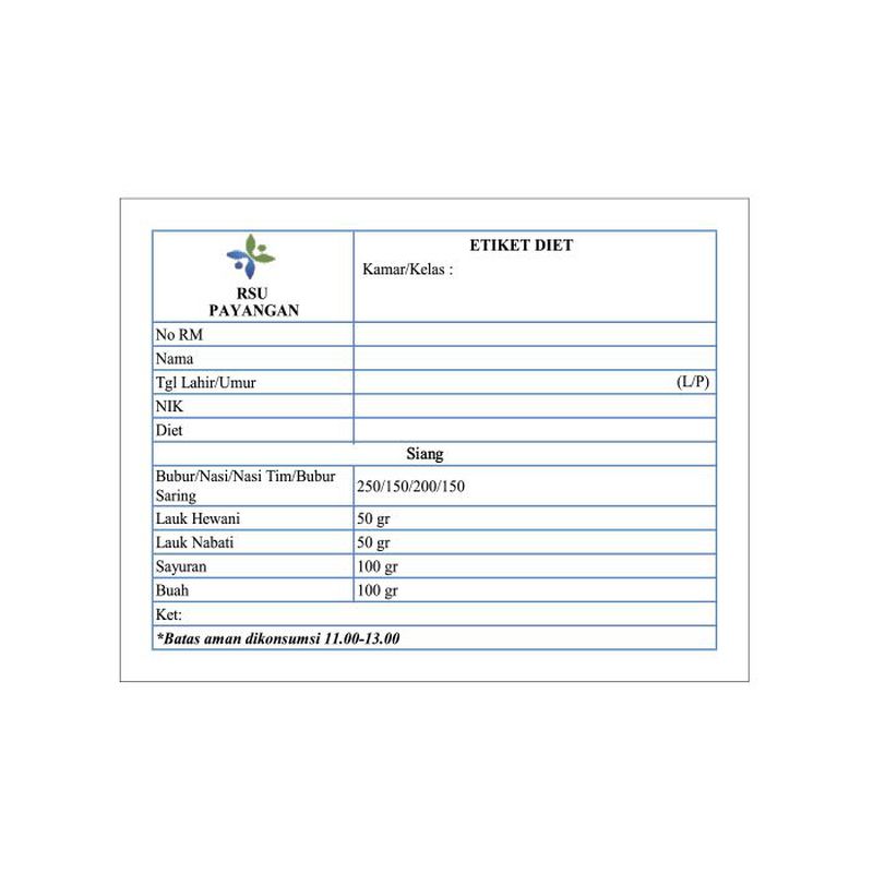 Cetak Etiket Diet Pasien Siang
