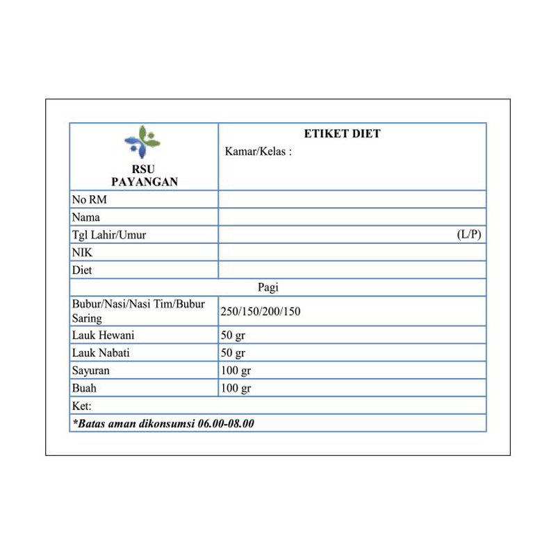 Cetak Etiket Diet Pasien Pagi