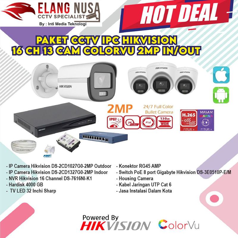 PAKET CCTV IP CAMERA HIKVISION 16 CH 13 CAM COLORVU 2MP IN/OUT