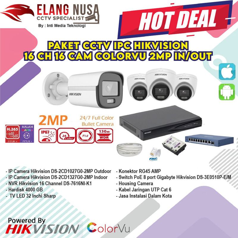 PAKET CCTV IP CAMERA HIKVISION 16 CH 16 CAM COLORVU 2MP IN/OUT