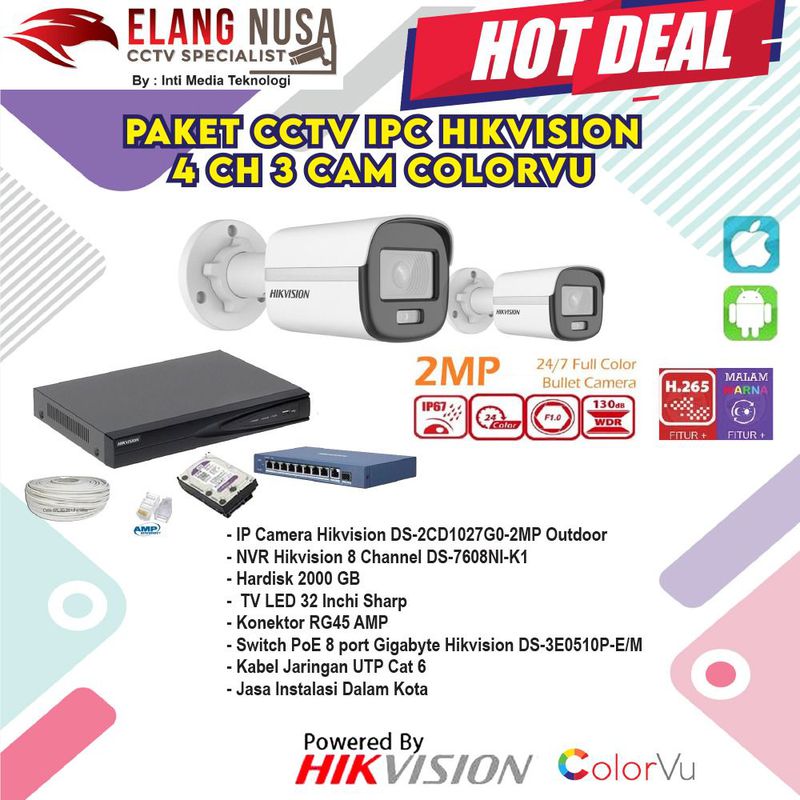 PAKET CCTV IP CAMERA HIKVISION 4 CHANEL 3 CAM COLORVU 2MP OUTDOOR