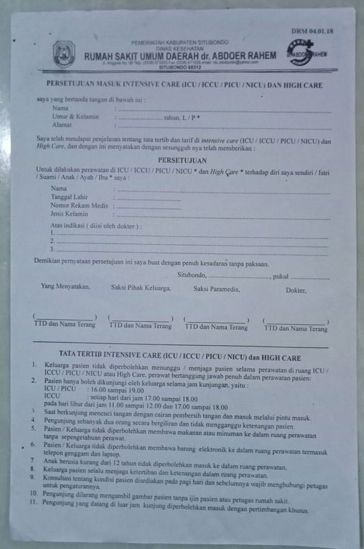 Form Persetujuan Masuk Intensive Care(ICU/ICCU/PICU/NICU dan High Care. RSAR