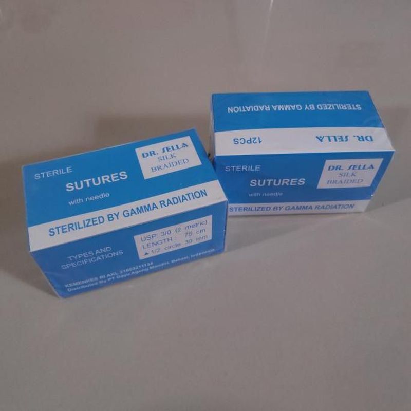 benang jahit operasi silk braided 3/0+ jarum dr sella -per box