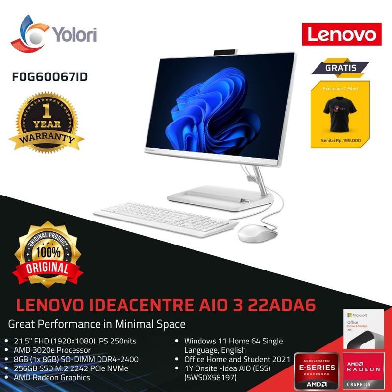Lenovo IdeaCentre AIO 3 22ADA6 AMD-3020e 8GB 256GB AMD Radeon Windows ...
