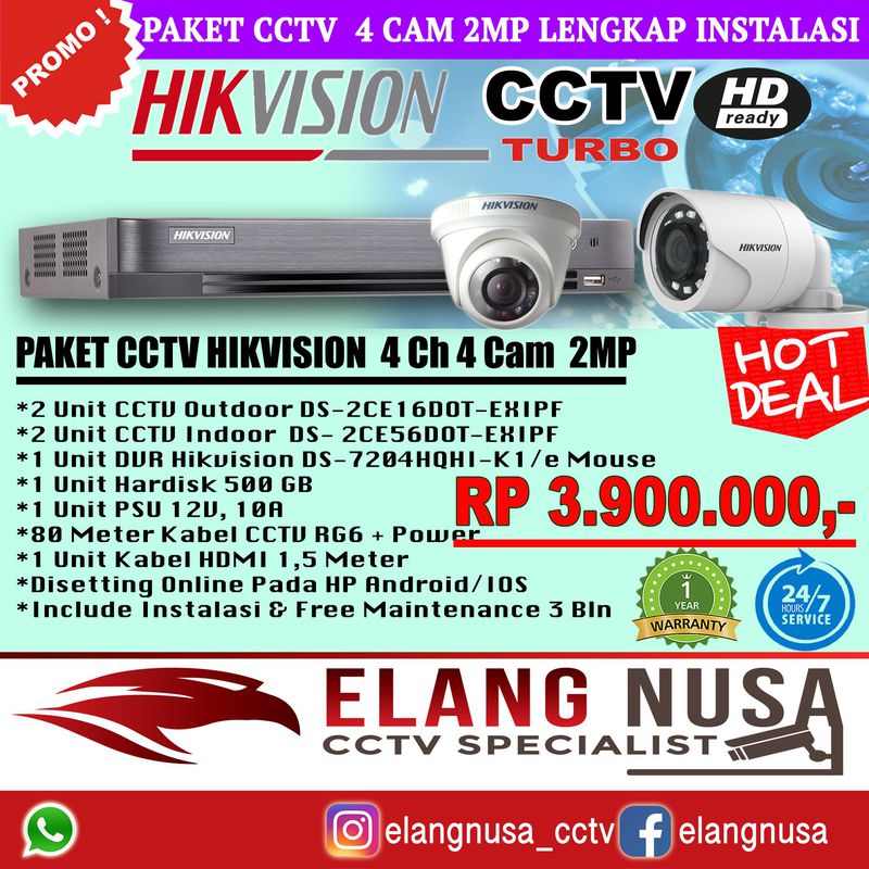 PAKET CCTV TURBO HD HIKVISION 4 CH 4 CAM 2MP IN/OUT LENGKAP