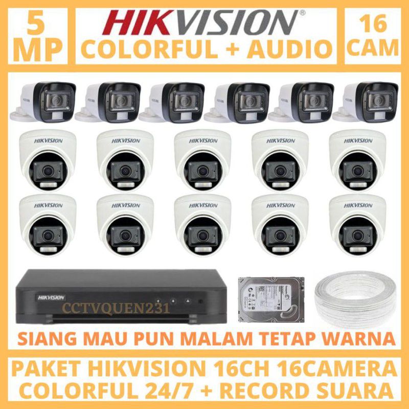 PAKET CCTV HIKVISION COLORVU 5MP 16 CHANNEL 16 KAMERA TURBO COLORFUL ...