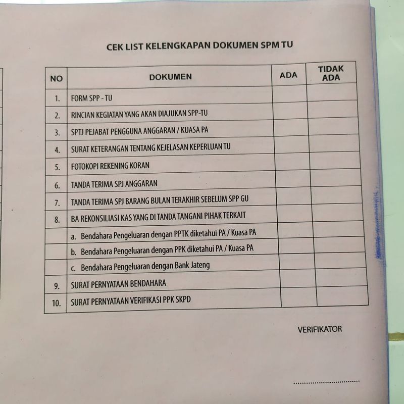 Blanko Cek List Kelengkapan Dokumen SPM TU