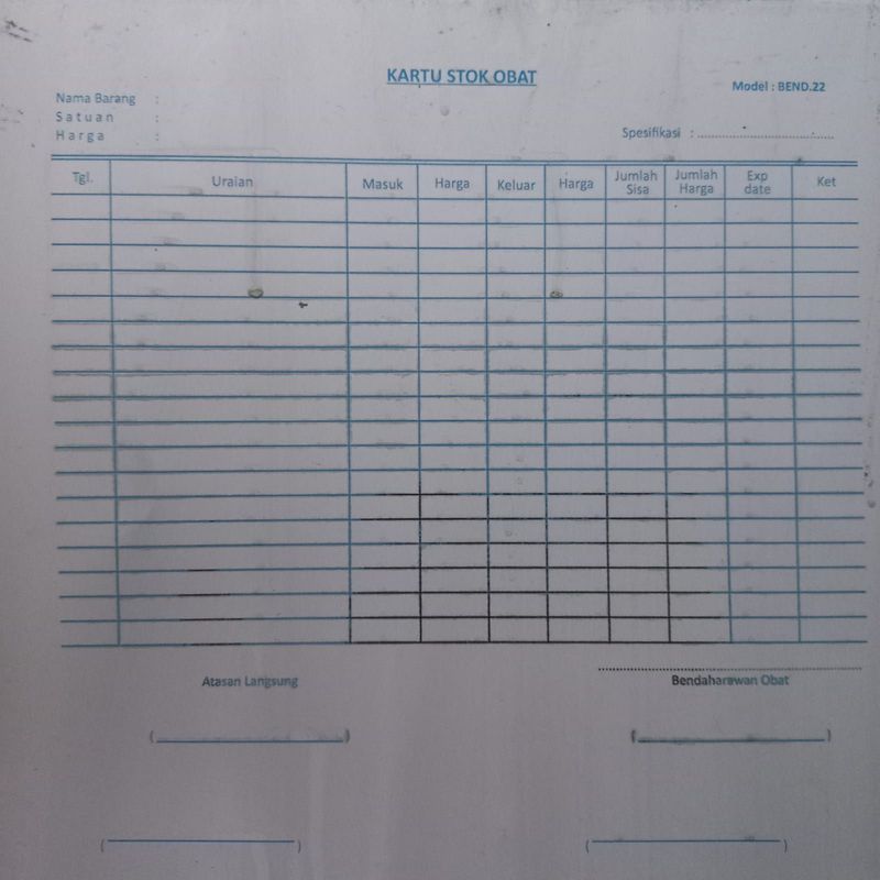 Kartu stock gudang ukuran 1/2 F4 kertas Pinodeli 2 sisi