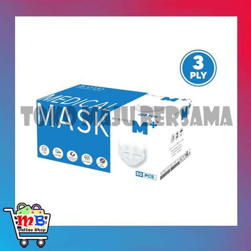 M+ Surgical Mask Earloop 3 Ply - Masker Medis Isi 50 Pcs