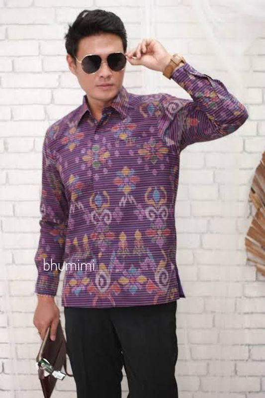 Kameja Endek Pria Lengan Panjang motif sekar jepun