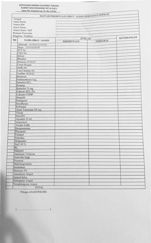 DAFTAR PERMINTAAN OBAT/ALKES PERSIAPAN OPERASI