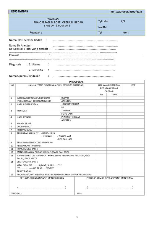 Form Evaluasi Pre Pos Operasi RS SS