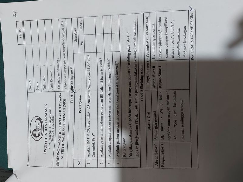 Lampiran isi status rawat inap RM 15.1 Skrining Gizi Lanjut Dewasa (NRS) bolak balik (buku)