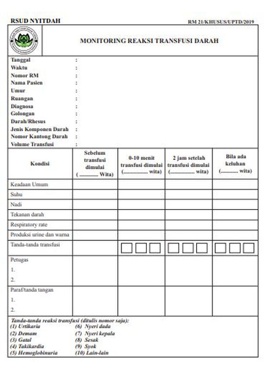 Form Monitoring Reaksi Transfusi Darah RS SS