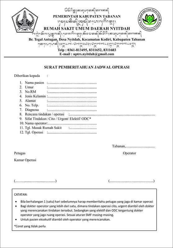 Surat Pemberitahuan Jadwal Operasi RS SS