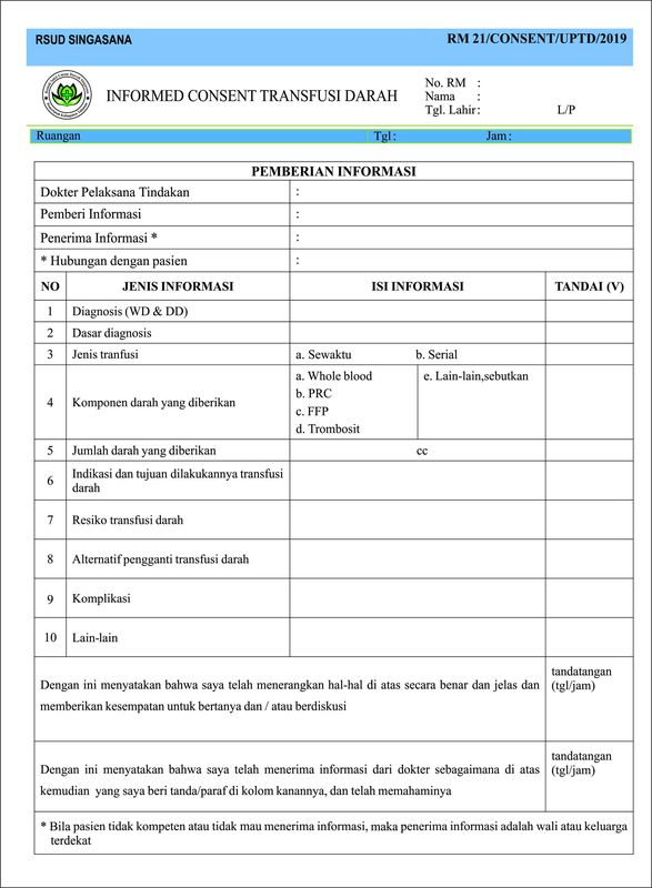 Form Persetujuan/Penolakan Tindakan Transfusi Darah RS SS