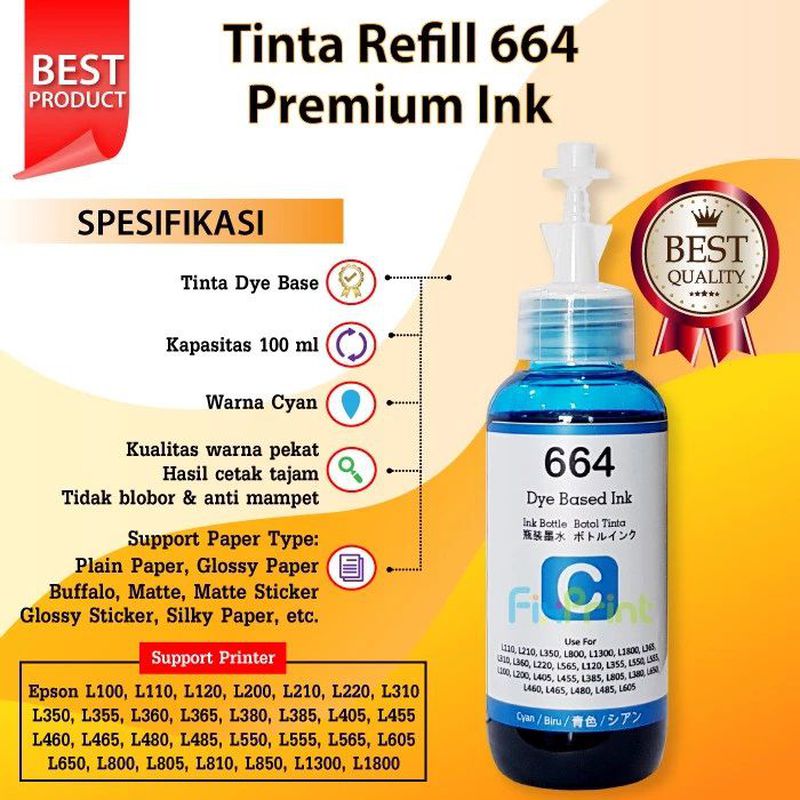 Tinta Refill 664 Epson Kualitas Premium Kapasitas 100 ML - Kuning