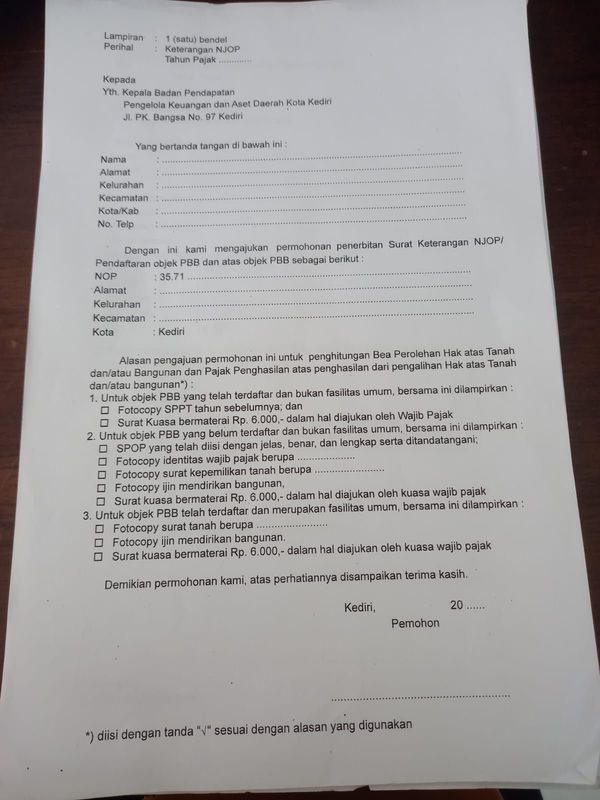 cetak form keterangan NJOP