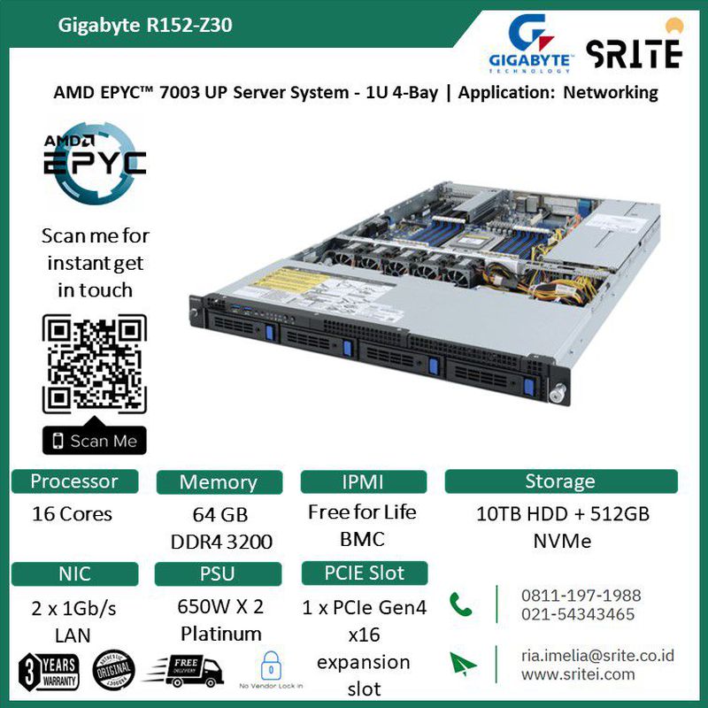 Gigabyte Server 1U AMD Epyc 16 Core 64GB 512GB NVME 10 TB HDD R152-Z30