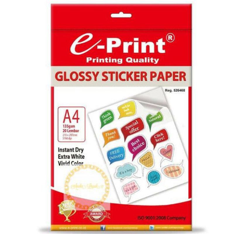 E-print Glossy Sticker Paper A4 135gms 20 Sheet