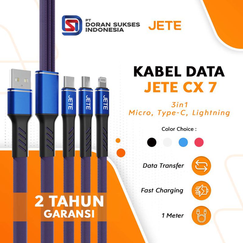 Kabel Data USB 3 in 1 Micro Type C Iphone Lightning JETE CX7 - Garansi ...