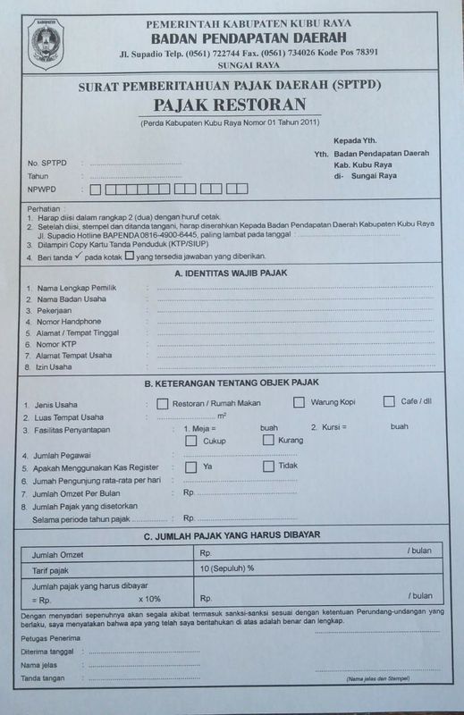 Form SPTPD Pajak Restoran