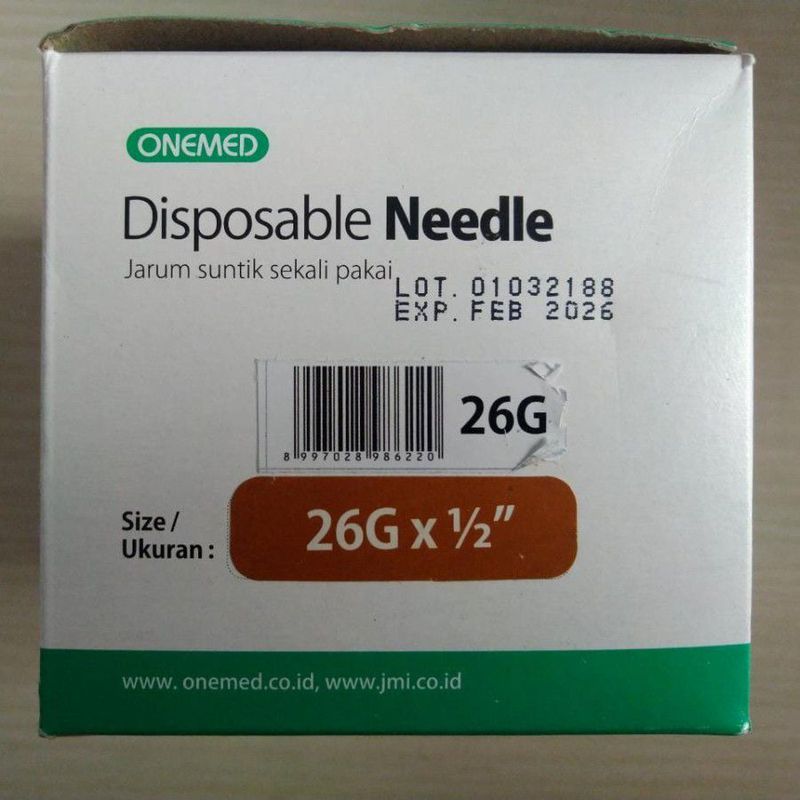 ONEMED needle 26g x 1/2" inch jarum suntik isi 100 pcs per box boks