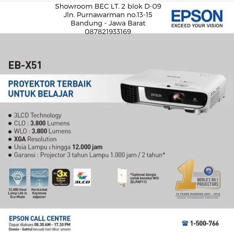 Proyektor Epson EB-X51 *3800 lumens, XGA (1024 x 768), 2,5 kg