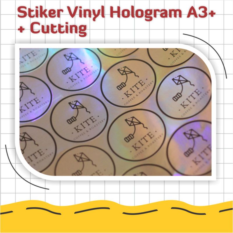 CETAK STIKER VINYL HOLOGRAM A3+ CUTTING BULAT - 7-15cm