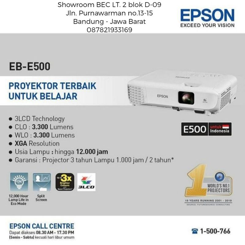 Proyektor Epson EB-E500 * 3300 lumens, XGA (1024 x 768), 2.4 kg