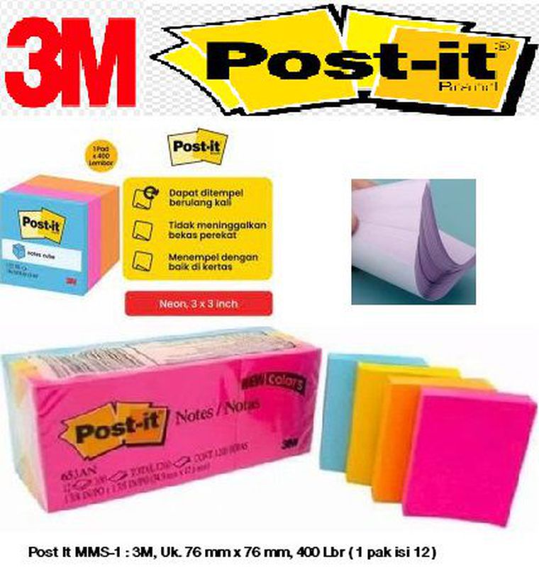 Post It MMS-1 : 3M, Uk. 76 mm x 76 mm, 400 Lbr ( 1 pak isi 12 )