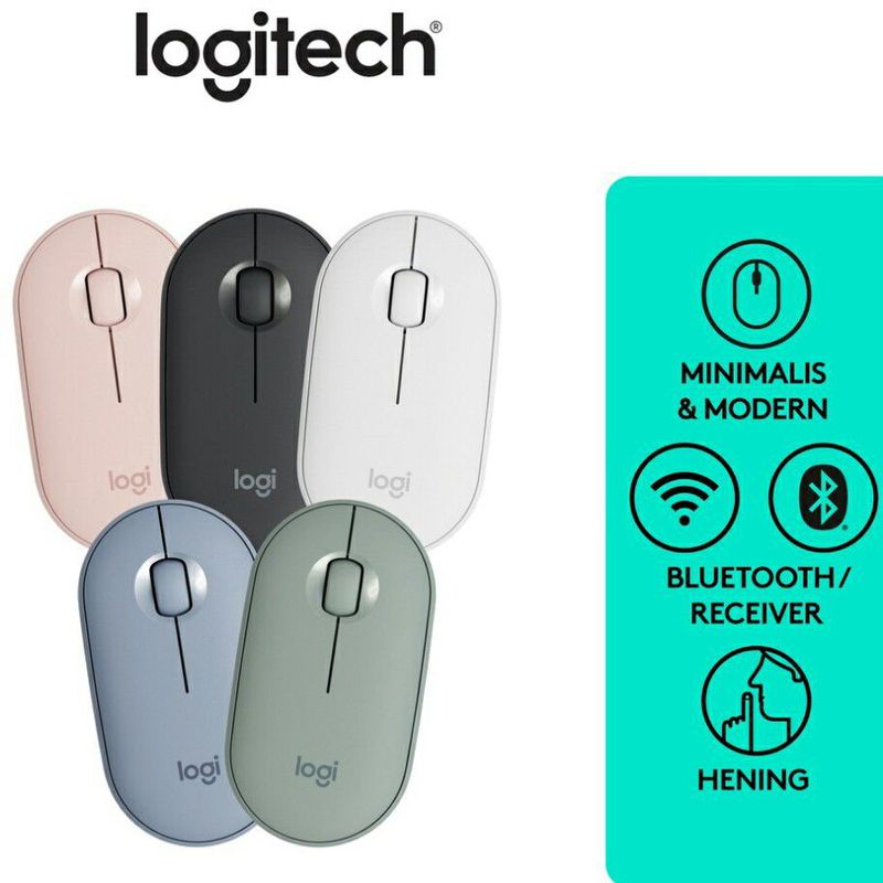 Logitech Mouse Wireless Pebble M350 Bluetooth Slim Silent Original - BLUEBERRY