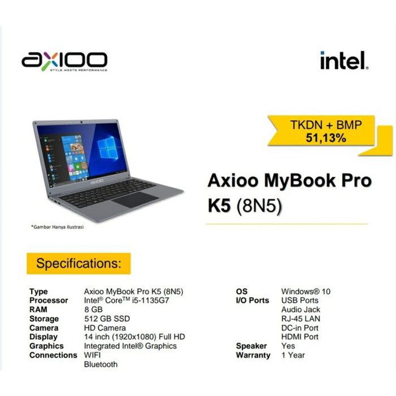 Axioo Mybook Pro K5 (8N5) i5-1135G7 8GB 512GB SSD NVME Win 10 Pro