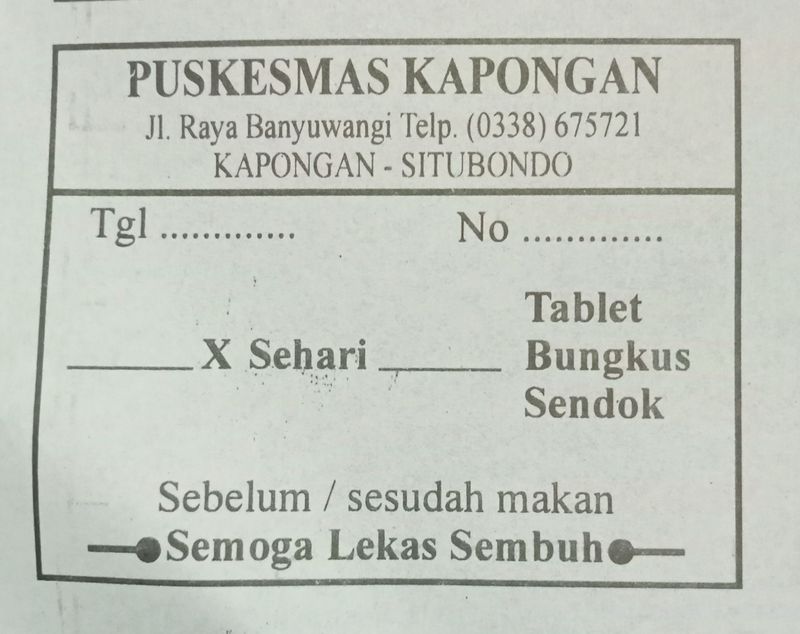 Etiket Obat Oral ( Putih ). PKM KAPONGAN