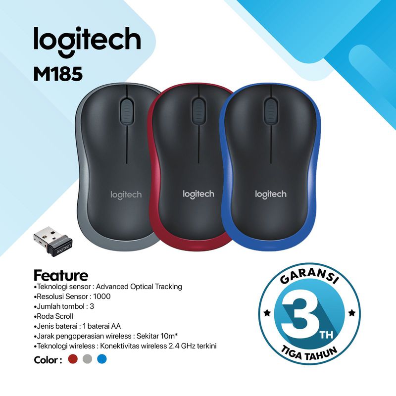 Mouse Wireless M185 - Biru