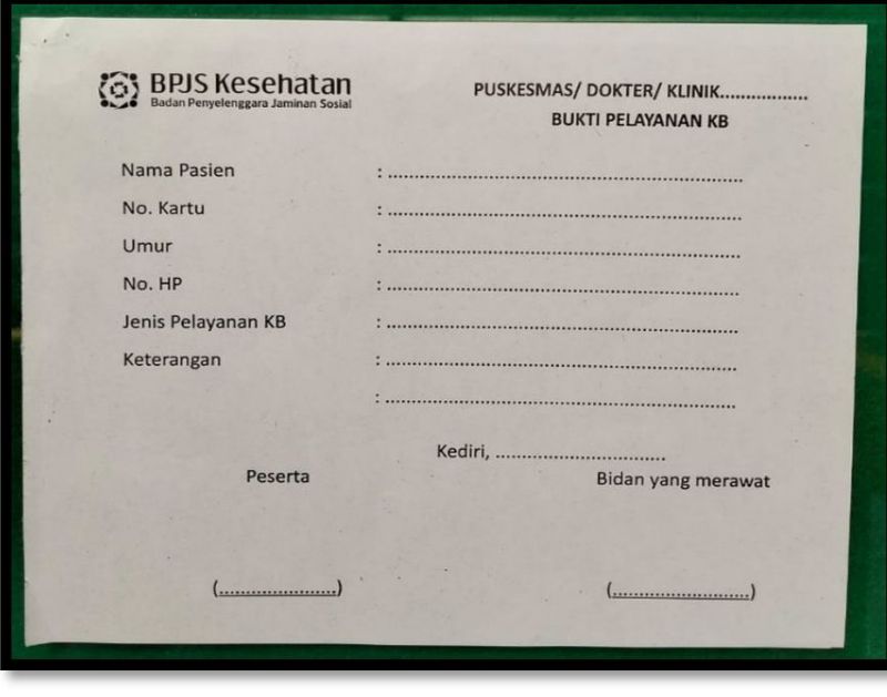 Lembar bukti pelayanan KB peserta BBJS no brand