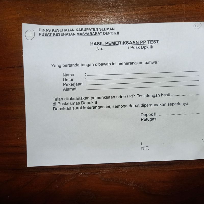 Blangko Hasil Pemeriksaan PP Test