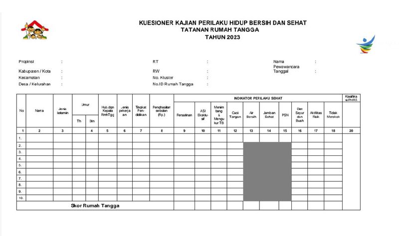 Form Kuesioner Kajian Perilaku Hidup Bersih dan Sehat. Dinkes