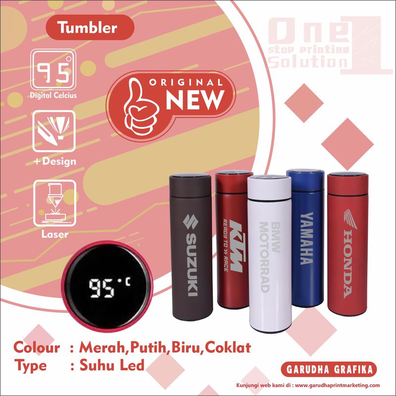 Tumbler Suhu/ LED Stainless 500ml + Laser Marking - Merah