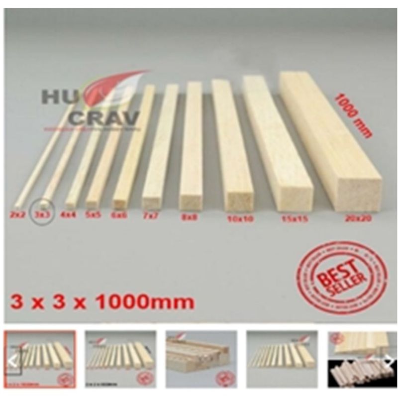 Kayu Balsa ukuran 3 mm x 3 mm x 1000 mm