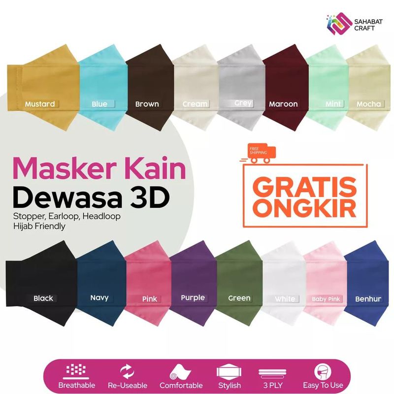 MASKER KAIN 3D STOPPER KALUNG MASKER/EARLOOP/HEADLOOP HIJAB FRIENDLY ...