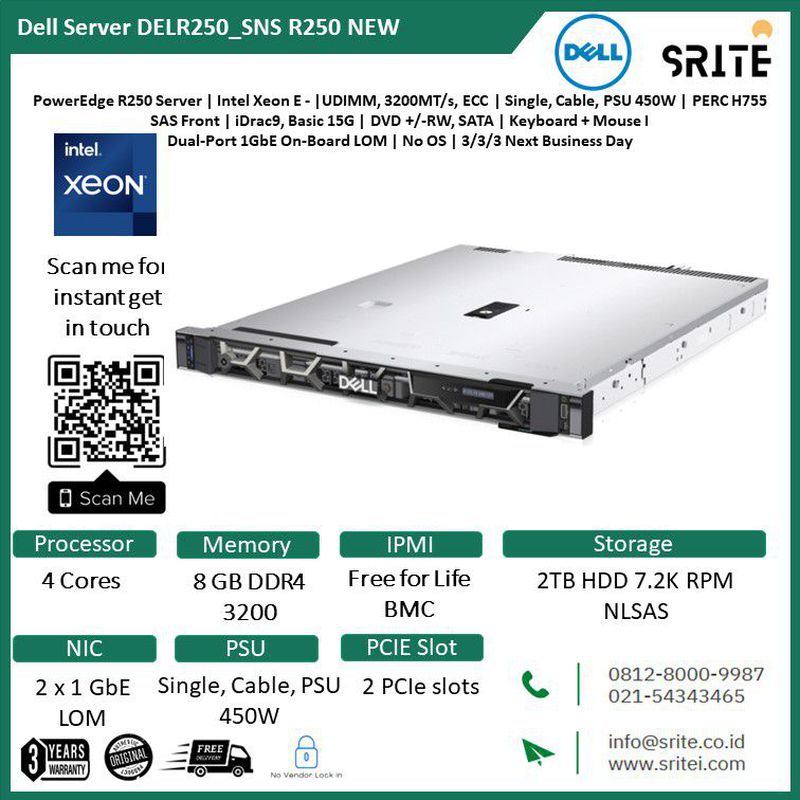 Dell Server Intel Xeon E Gen 3 E-2314 4 Core 8 GB Memory 2TB HDD R250