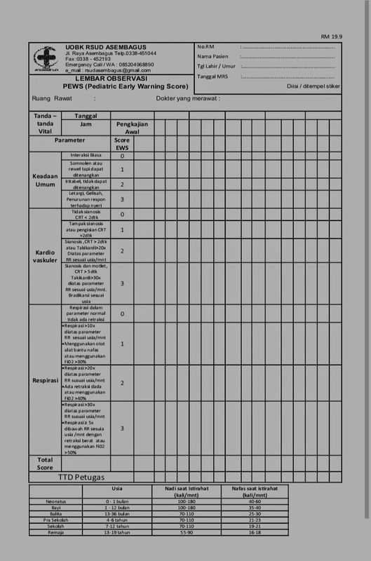 Lembar Observasi PEWS (Pediatric Early Warning Score). RM 19.9RSAB